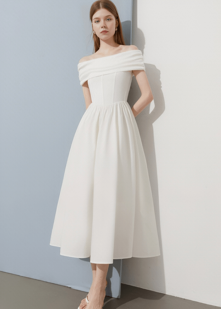 SCULPTURAL DRAPE OFF-SHOULDER DRESS - Vera Lumina